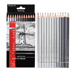 Pacific Arc Premium Graphite Drawing Pencils for Artists, Tech Pack - Professional Pencils for Drawing, Drafting, Sketching and Shading 12 Pk. - Great Non Toxic Art Supplies Set for Adults and Kids