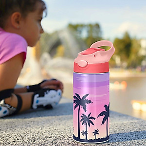 Purple Sky Palm Trees Kids Water Bottle with Straw Lid, Vacuum Insulated Stainless Steel Double Walled Leakproof Tumbler Travel Cup for Girls Boys Toddlers, 12 oz