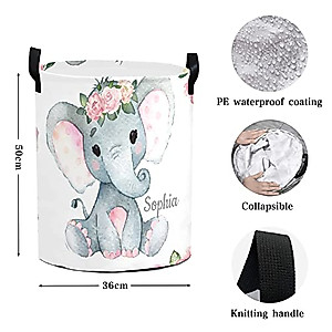 Pink Flower Elephant Laundry Basket Personalized Name Waterproof Laundry Hamper with Handles for Laundry Room Bathroom College