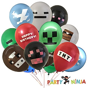 Party Ninja 24 Pack of Extra Large Pixel Miner Crafting Birthday Balloons - Double Sided Prints - 12" Party Balloons For Birthday Party Decorations