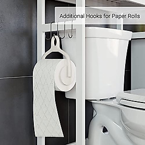 Bamboo Over-The-Toilet Storage Rack, 3-Tier Bathroom Organizer Over Toilet with 6 Hooks, Bathroom Freestanding Shelf for Home, Kitchen, 24.4” L X 10.24” W X 64.17” H, White