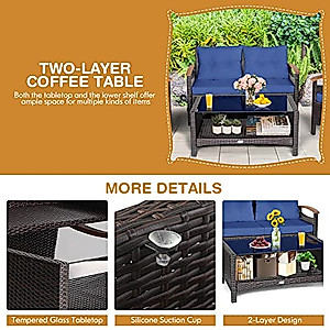 Tangkula 4 Piece Patio Rattan Conversation Set, Outdoor Wicker Sofa Set W/2-Layer Coffee Table, Backrest & Seat Cushions, Acacia Wood Curved Armrests, Suitable for Poolside, Backyard, Deck (1, Navy)