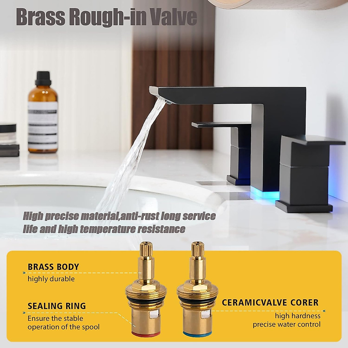 BESy Led 3 Hole Bathroom Sink Faucet, Matte Black Waterfall Wide Spread Bathroom Faucet with 3 Colors Light Changing, Widespread Vanity Faucet 2 Handle with Supply Lines with Pop Up Drain