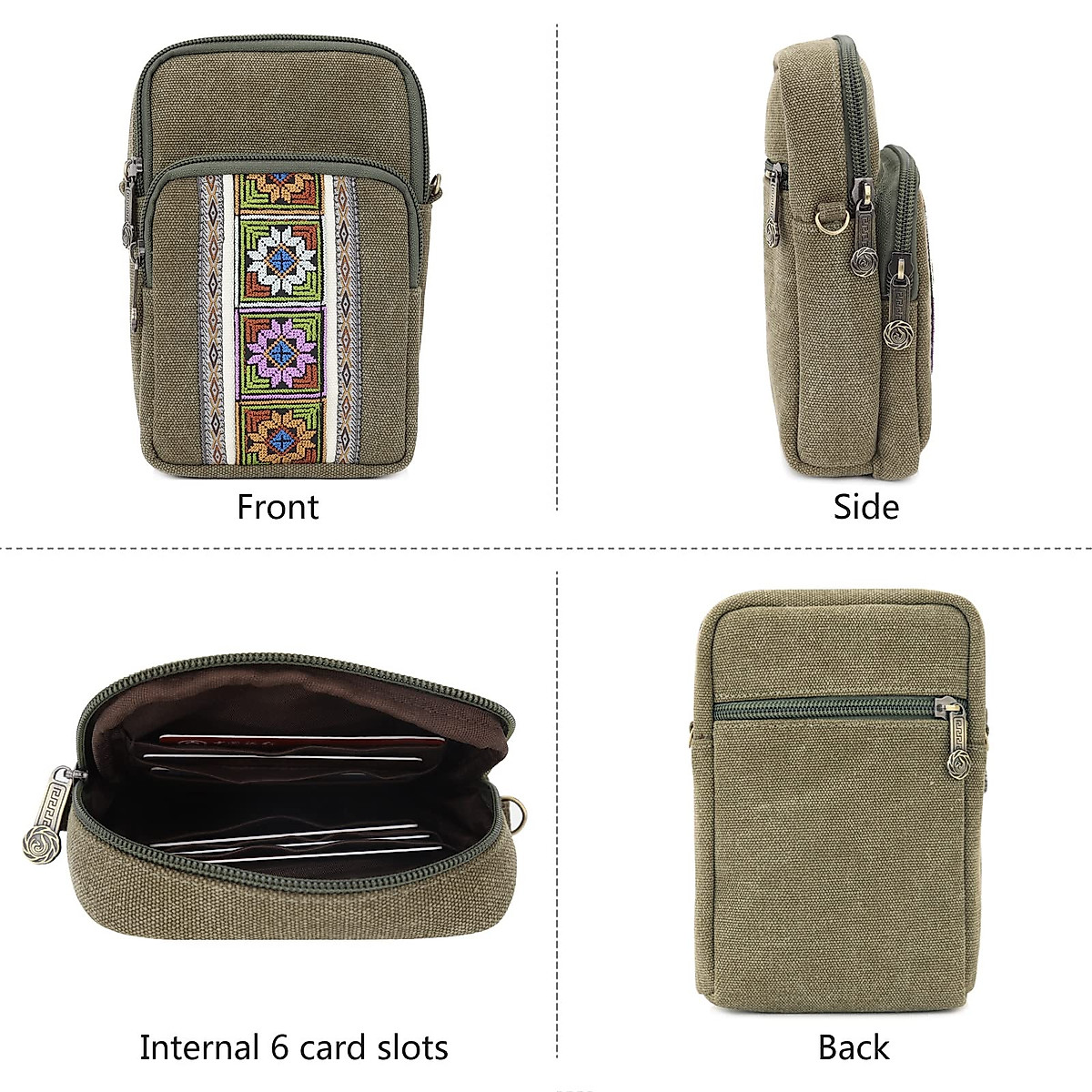 SILKAREA Women Canvas Cell Phone Purse Crossbody Bag Embroidered Small Shoulder Bags Handbags Credit Card Wallet Pouch