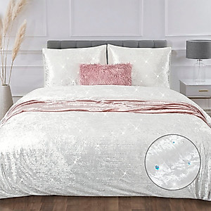 YINFUNG Boho Duvet Cover Velvet Queen Ivory Cream Luxury Crushed Crinkle Velvet Cotton Winter Sequin Glossy Sparkle Glitter Girl Starry Vibrant Textured 90×90 Bedding Set