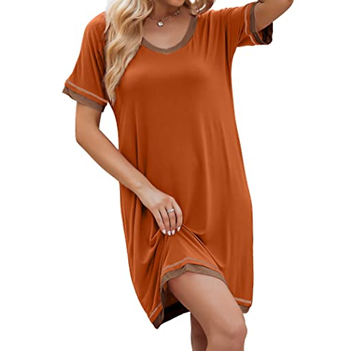 Ekouaer Women's Sleepshirt Short Sleeve Night Dress Soft Nightgown Loose Sleepwear(Caramel,L)