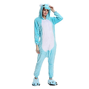 LONGTEN Adult Animal Pajamas Halloween Christmas Cosplay Costume Onesies Homewear Nightclothes Sleepwear Unisex (No Shoes) (XL (Height:178-195cm/69.8-76.8"), Blue Hippo)
