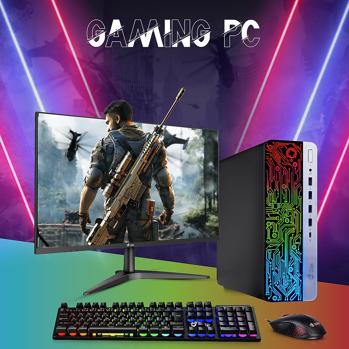 BTO RGB Gaming Desktop PC Bundle - Intel Core i5 7th Gen, 16GB DDR4 Ram, 512GB SSD, Radeon RX-550 4GB GDDR5, New 22 Inch Monitor – Prebuilt Computer Tower for PC Gaming - Windows 10 Pro (Renewed)