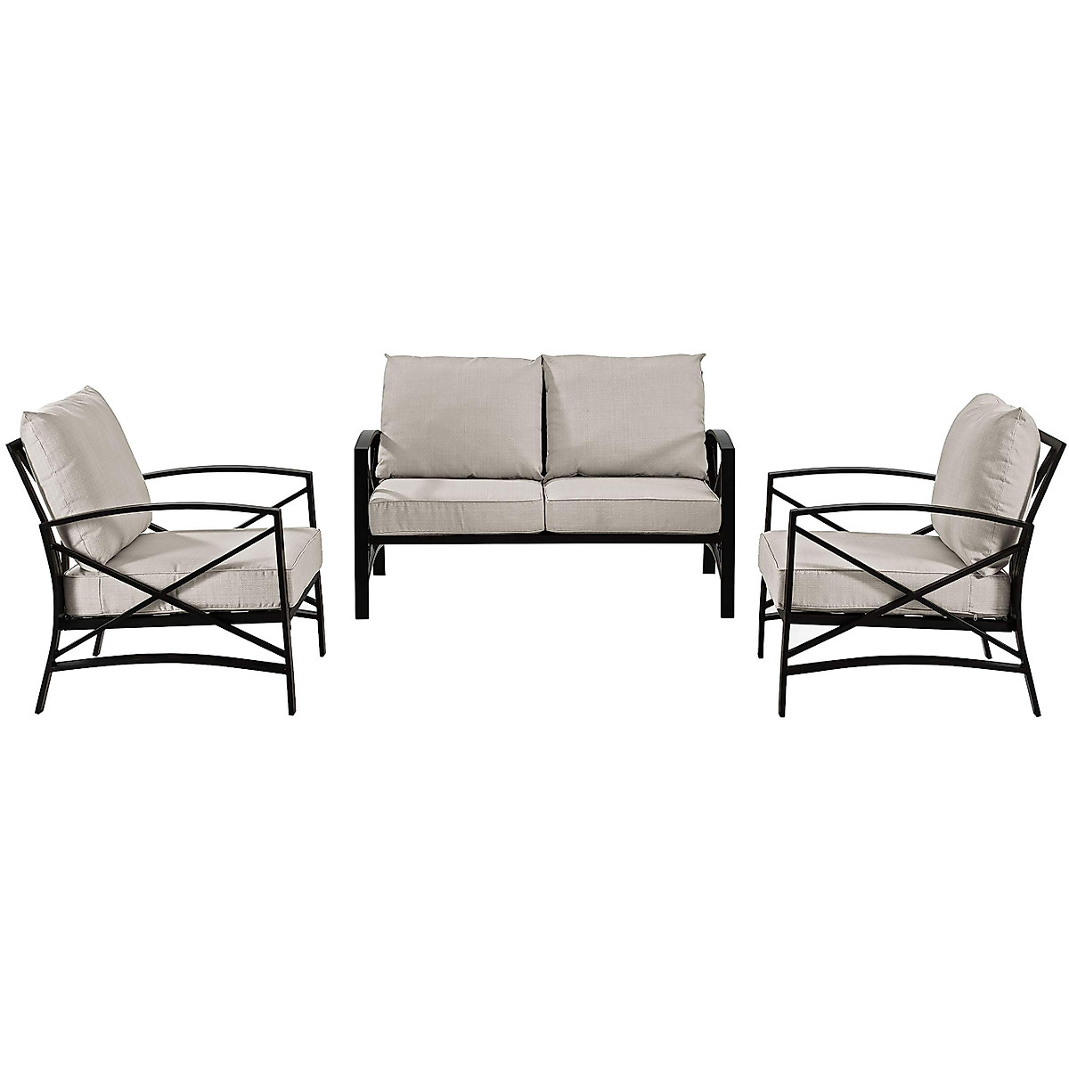 Crosley Furniture Kaplan 3-Piece Outdoor Loveseat Patio Furniture Set, Conversation Sets for Porch, Deck, Oiled Bronze with Oatmeal Cushions
