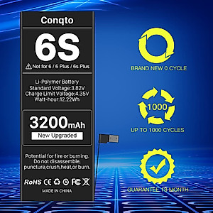 SHENMZ Upgrade Battery for iPhone 6S, [3200mAh] 2023 New Version 0 Cycle Ultra High Capacity Battery Replacement for iPhone 6S Model A1633,A1688,A1700, No Tools