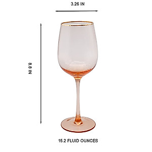 EVEREST GLOBAL Light Pink Wine Glasses 1 PC, 15.2 oz Gold Rimmed Wine Glass, Stemmed Red Wine Glasses, Ribbed Wine Glassware For Party Wedding Bars