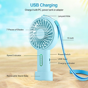 IPOW Mini Handheld Fan Personal Portable Fan 3 Speed Adjustable Angle Removable Base Lanyard USB Recharging Battery Operated Small Desk Cooling Face Fan for Home Camping Disney Travel Mint Blue
