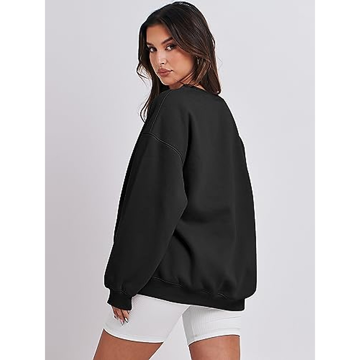 Caracilia Womens Oversized Sweatshirts Cute Pullover Long Sleeve Dressy Casual Top Comfy Hoodie Fall Winter Lightweight Round Neck Fleece Loose Fit Sweatshirt Y2K Clothes A1019heise-L Black