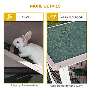 PawHut Indoor or Outdoor Rabbit Hutch with Quick on-The-Go Feeding, Wood Rabbit Cage, Long Hopping Distance, Medium Rabbit Hutch, 4 Door, No Leak Tray, Grey Brown