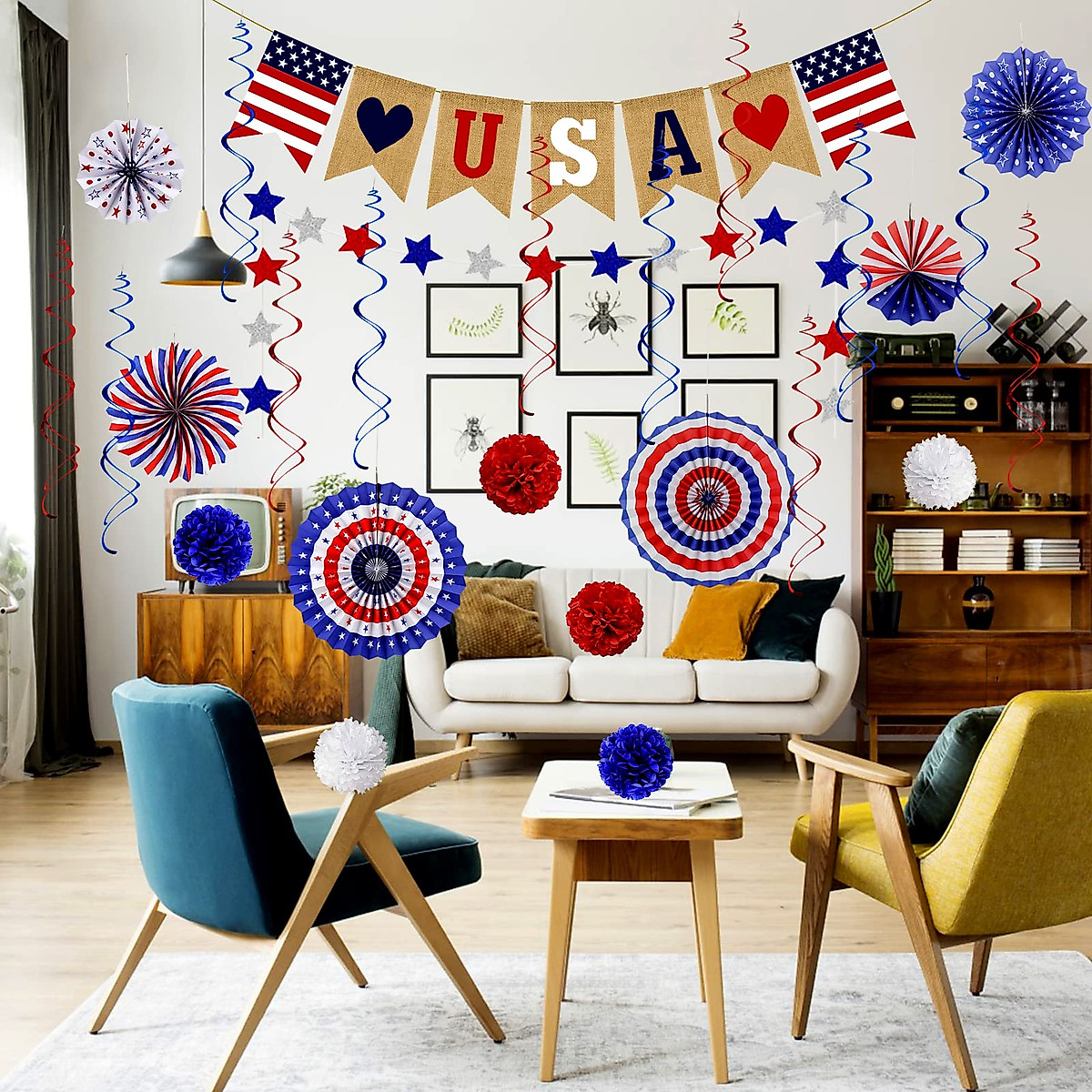 26Pcs Patriotic Decorations 4th of July Decor - LOVE USA Banner Red White Blue Paper Fans Star Streamer Pom Poms Hanging Swirls for Veterans day,Labor Day,Presidents Day,Flag Day