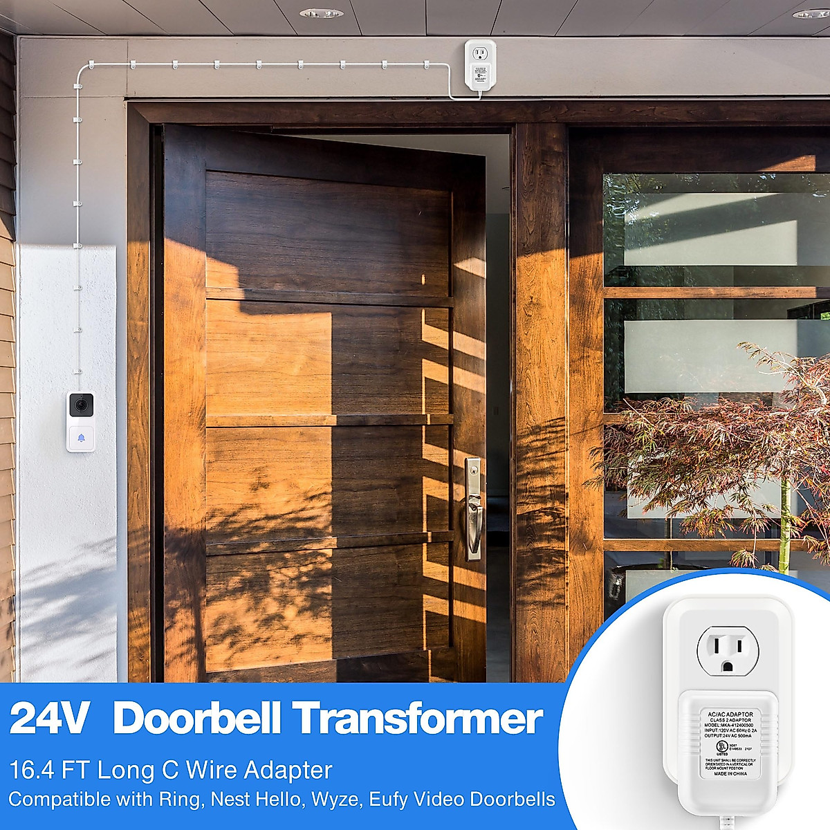 Dreyoo AC 24 Volt Transformer Compatible with Ring Video Doorbell, 197 Inch Long C Wire Adapter with 48PCS Cable Clips Compatible with Ecobee,Sensi, Wyze, Eufy Thermostat