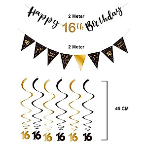 16th Birthday Decoration Kit, Happy 16th Birthday Banner Bunting Swirls Streamers, Triangle Flag Banner for Birthday Party Decorations Supplies Black and Gold 16th