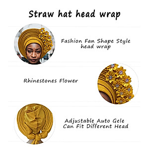 African Head Wraps Fashion Headbands Stones ASO Oke Auto Gele Headtie Already Made Women's Hats & Caps for Wedding Party. (Yellow)