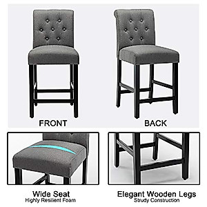 LSSBOUGHT Counter Stools,24 inches Upholstered Counter Height Chairs with Button-Tufted and Solid Wood Legs Set of 2（Gray）
