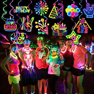 Neon Party Hanging Swirls Glow Birthday Decoration Neon Birthday Party Supplies Glow Neon Ceiling Streamers Glow in The Dark Decoration for Let's Glow Baby Shower Supplies