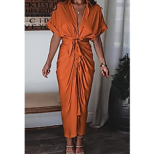 Ceuplon Womens Button Down Short Sleeve Ruched Front Tie Up Maxi Shirt Dresses Orange M