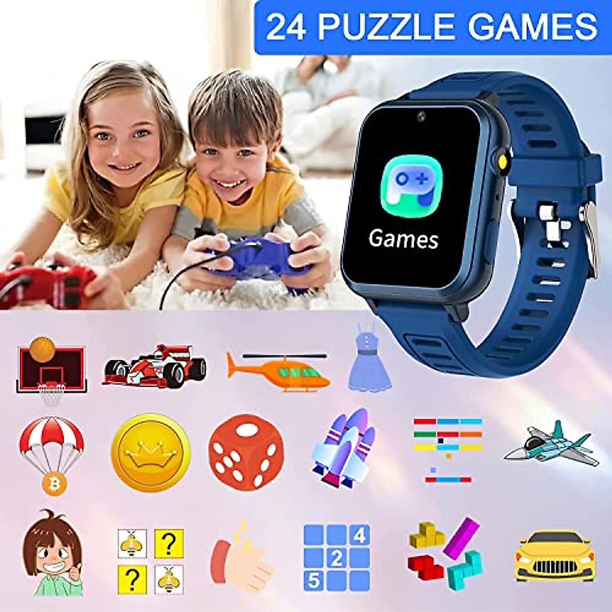 Smart Watch for Kids , Kids Game Smart Watch Boys with HD Touch Screen 24 Games Music Player Camera Alarm Clock Pedometer Torch Calculator 12/24 hr Kids Watches for Boys Gift for 3-12 Year Old