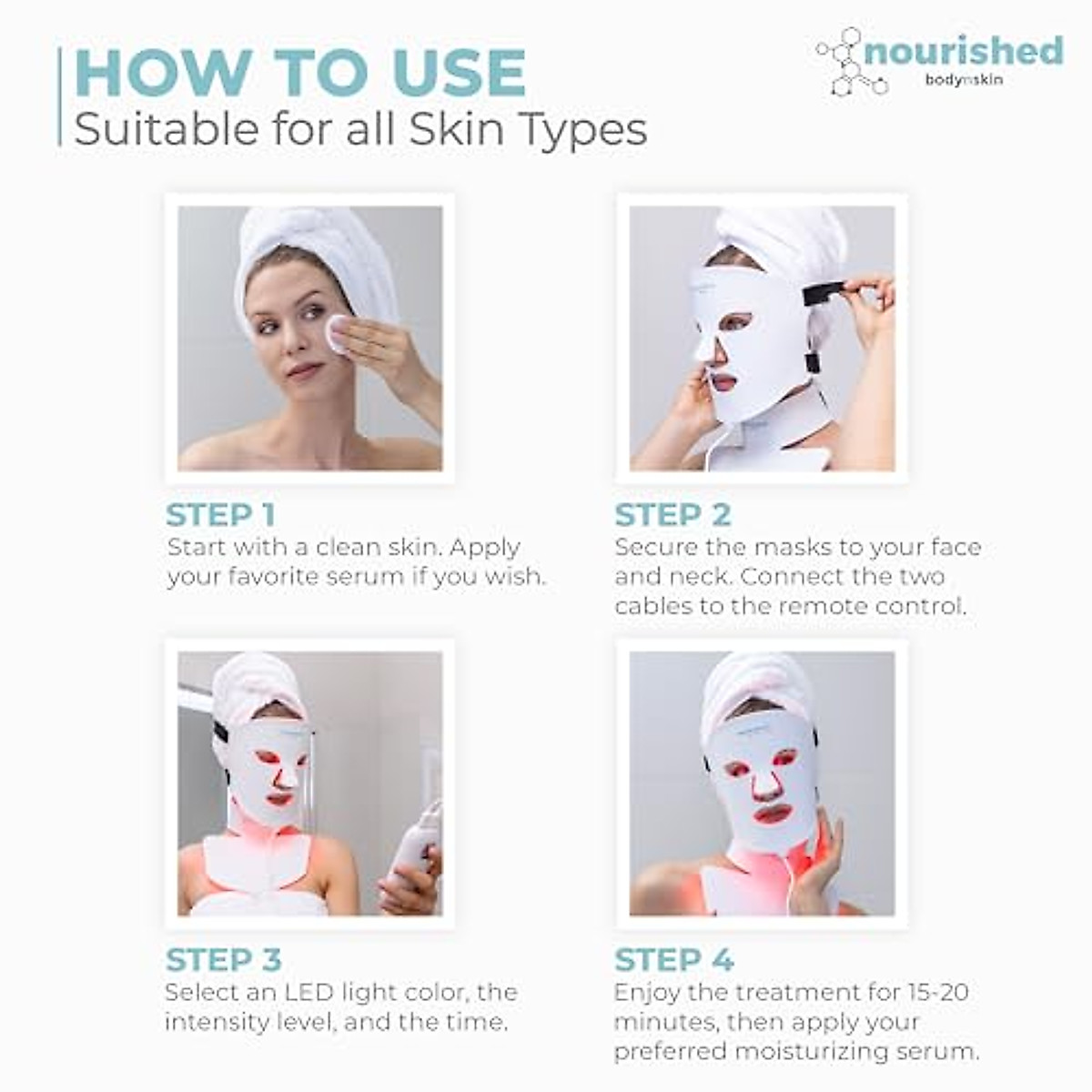 Nourished Bodynskin LED Light Therapy Face & Neck Mask - Facial Skin Care Device - 7 Colors Red & Blue - Rejuvenation, Anti-aging Product for Wrinkles