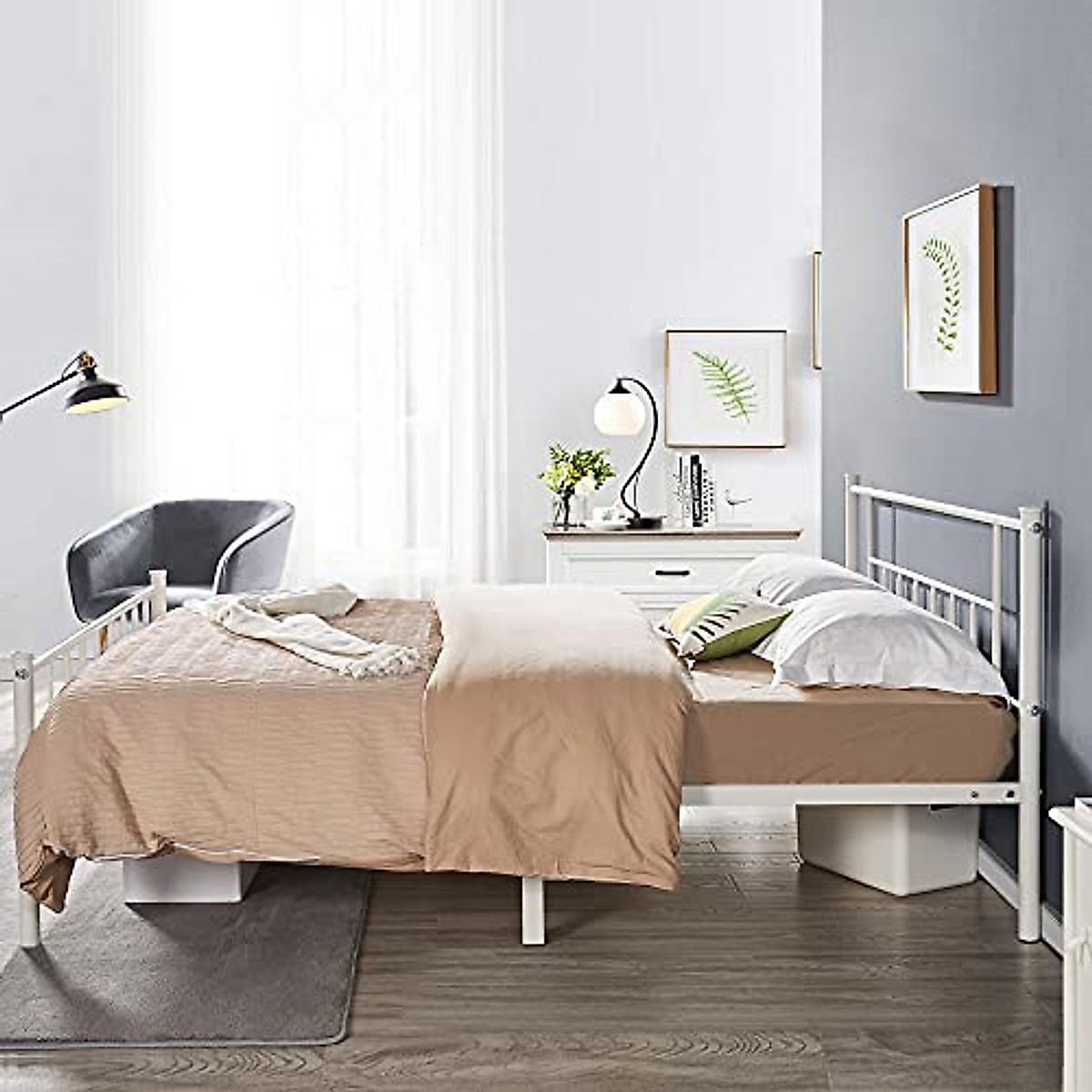 Yaheetech 13 inch Queen Size Metal Bed Frame with Headboard and Footboard Platform Bed Frame with Storage No Box Spring Needed Mattress Foundation for Adults White