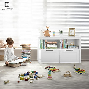 CAPHAUS Toy Storage Organizer with 2 Wheeled Drawers, White, Playroom Organization and Storage, Floor Toy Box with Wheels and Shelf, for Kids, Boys and Girls, Nursery, Playroom and Bedroom