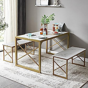 VECELO Kitchen Table with 2 Benches for 6,Wood Dining Room Dinette Sets with Metal Frame for Breakfast Nook and Small Space, 55", White&Gold
