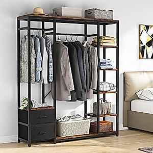 Tribesigns Freestanding Closet Organizer with 2 Drawers, 59 inch Heavy Duty Clothes Garment Rack with Shelves and Double Hanging Rod, Metal Clothing Rack Wardrobe for Bedroom, Rustic Brown