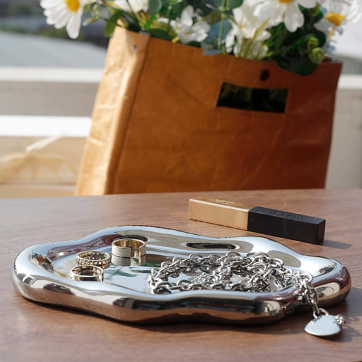 MDFAYE Jewelry Dish Trinket Tray for Women, Ring Dish Holder, Unique Cloud Shape Ceramic Plate Cute Things Vanity Aesthetic Room Decor Mother's Day Birthday Christmas Warm House Gifts (Silver)