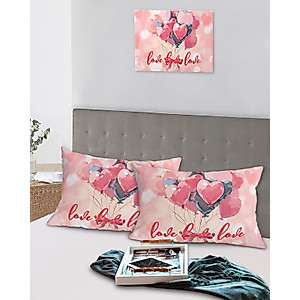 Hokiten Standard Size Pillow Cases Set of 2 - Love Heart Valentine's Day Microfiber Soft Pillowcases with Envelop Closure, Pink Red Grey Love Heart Balloon Lumbar Pillow Cover for Sofa, 20x26 Inches