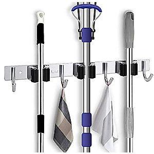 Broom Mop Holder Wall Mount,Favbal Garage Organization Tool Organizer Storage Broom Closet Kitchen Organization Heavy Duty Garage Tools Hanger with 3 Racks 4 Hooks for Home Kitchen Garden Laundry Room