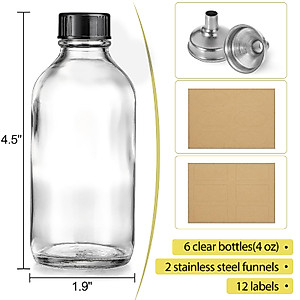 6 Pack, 4 oz Small Clear Glass Bottles with Lids & 2 Stainless Steel Funnels - 120ml Boston Sample Bottles for Potion, Juice, Wellness, Ginger Shots, Whiskey, Liquids - Mini Travel Essential Bottles