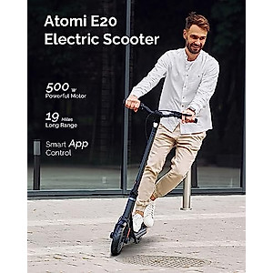 Atomi Electric Scooter E20, 500W Motor Electric Scooter with 19 Miles Long Range, 15.6 Mph Speed, Portable Folding Commuting Scooter for Adults with Double Braking System and Smart App