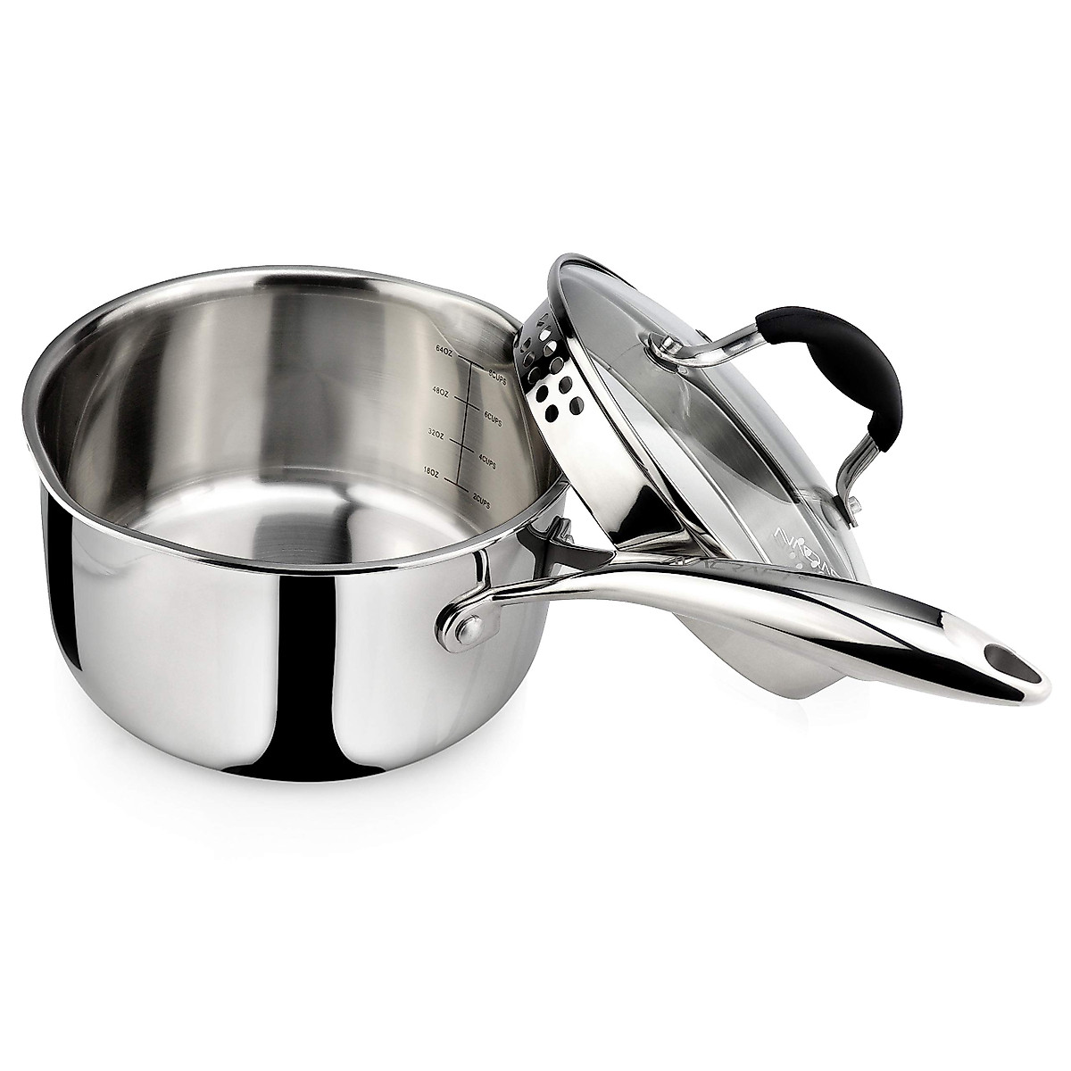 AVACRAFT Tri-Ply Stainless Steel Saucepan with Glass Strainer Lid, Two Side Spouts, Ergonomic Handle, Multipurpose Sauce Pan with Lid, Sauce Pot, Cooking Pot (Tri-Ply Full Body, 2.5 Quart)