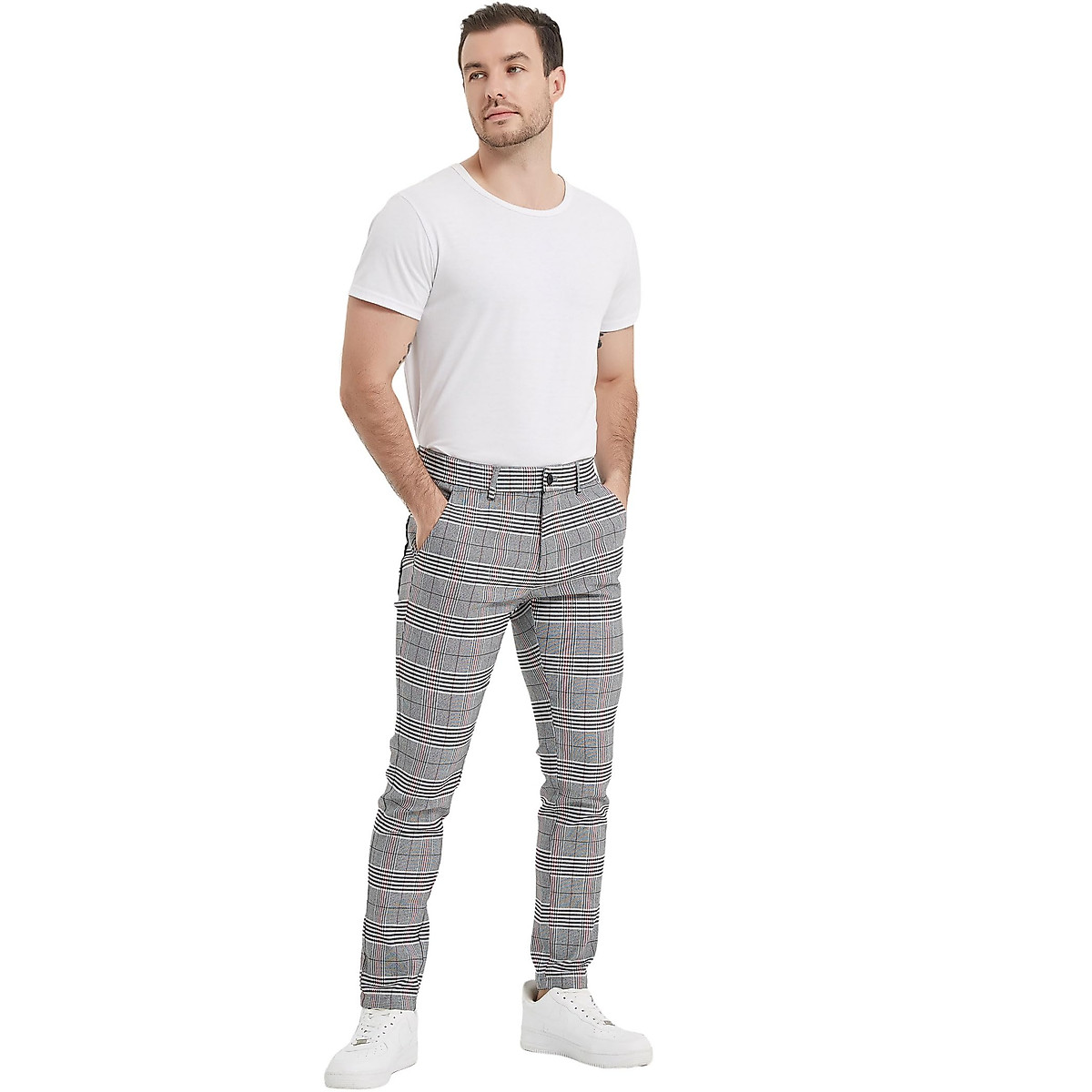 Plaid&Plain Men's Plaid Pants Skinny Dress Pants for Men Skinny Chino Pants Men 7301 Plaid-11-28X30