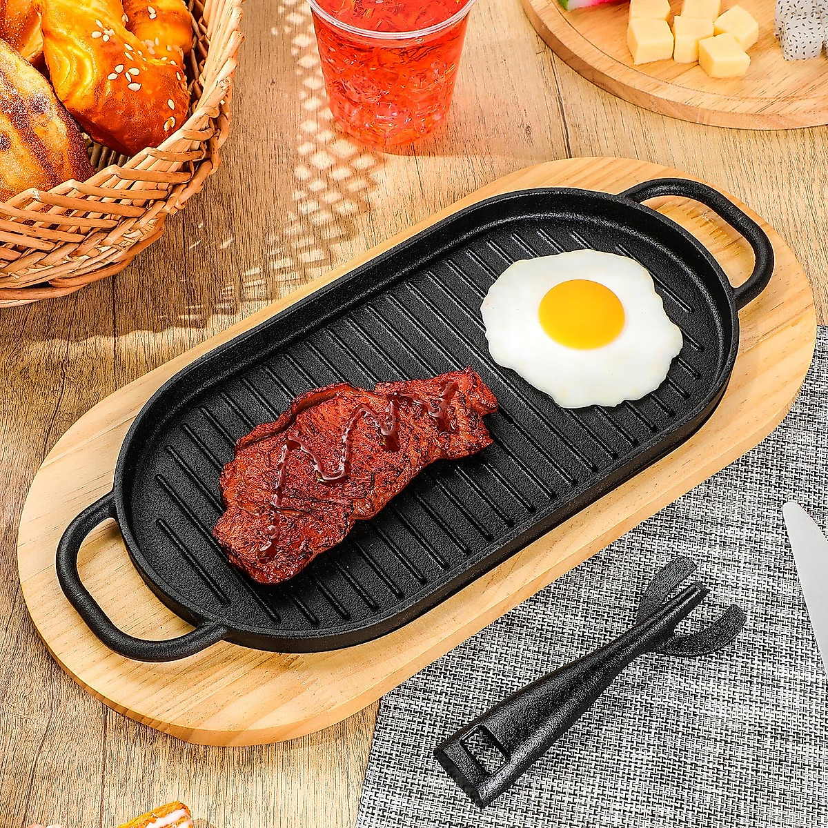Yiyiring 2 Pcs Cast Iron Fajita Skillet Pan Set Sizzling Steak Plate with Wooden Base and Removable Handle Cast Iron Grill Frying Pan for Home Restaurant Kitchen Cooking (12 x 6.3 Inch)