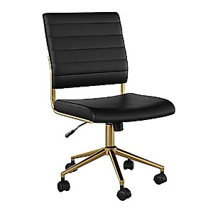 Martha Stewart Ivy Armless Swivel Task Chair for Home Office in Black Faux Leather with Polished Brass Frame