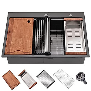 SOMRXO 33 Inch Drop In Kitchen Sink Black Stainless Steel Workstation 33x22 Kitchen Sink Drop In Workstation Sink Topmount 16 Gauge Gunmetal Black Stainless Steel Sink 10"Deep Single Bowl Kitchen Sink