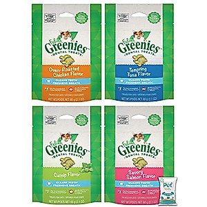 Greenies (4 Pack) Feline Dental Cat Treat Variety Bundle 4 Flavors - 2.1oz Each Bag, (1) Tempting Tuna, (1) Savory Salmon, (1) Oven Roasted Chicken, and (1) Catnip Flavor 10ct Pet Wipes