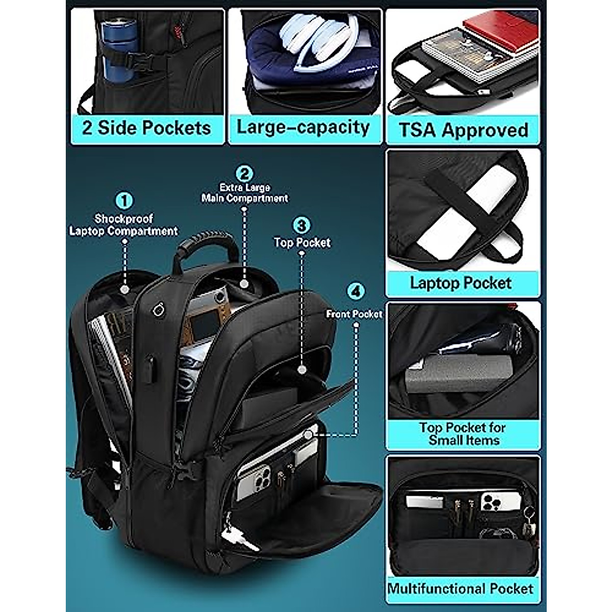 ProEtrade Travel Backpack, Extra Large Laptop Backpack School Business Anti Theft TSA Approved College Work Computer Bag Fits 17 Inch Laptop with USB Charging Port Bookbag for Women Men(Black)