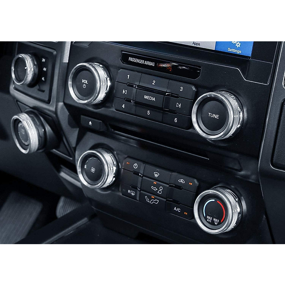 iJDMTOY 6pc-Set Silver Aluminum Air Conditioner Stereo Volume/Tune Trailer/4WD Switch Turner Covers Compatible with 2017-2020 Pre-LCI Ford SuperDuty F250 F350 F450 w/Rubber Turners