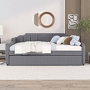 Upholstered Daybed with Pop Up Trundle, Full Size Daybed with Trundle and USB Charging Design, Trundle can be Flat or Erected, Extendable Daybed Frame for Kids Teens (Grey,Full)