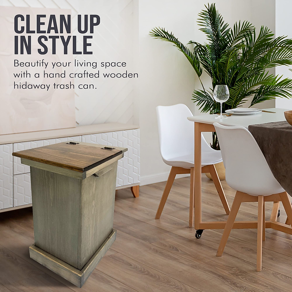 Peaceful Classics Wood Garbage Bin Cabinet - Wooden Trash Can w/Hidden Design, Stylish Kitchen Garbage Can, Amish Made Cabinet Hidden Trash Can, Handmade Waste Bin Cabinet Storage (Pewter)