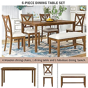 P PURLOVE 6 Piece Dining Table Set, Wood Rectangular Kitchen Table and 4 Cushion Dining Chairs and 1 Cushion Bench, Family Furniture for 6 Persons, Natural Cherry