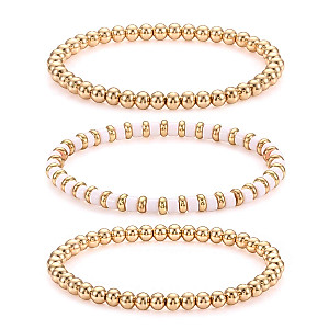 NVENF Gold Bead Bracelets Colorful Tile Bracelet Bangles for Women Stackable Brass Ball Beaded Stretch Bracelets Elasticated White Enamel Bracelets Anniversary Bridal Gift (White)