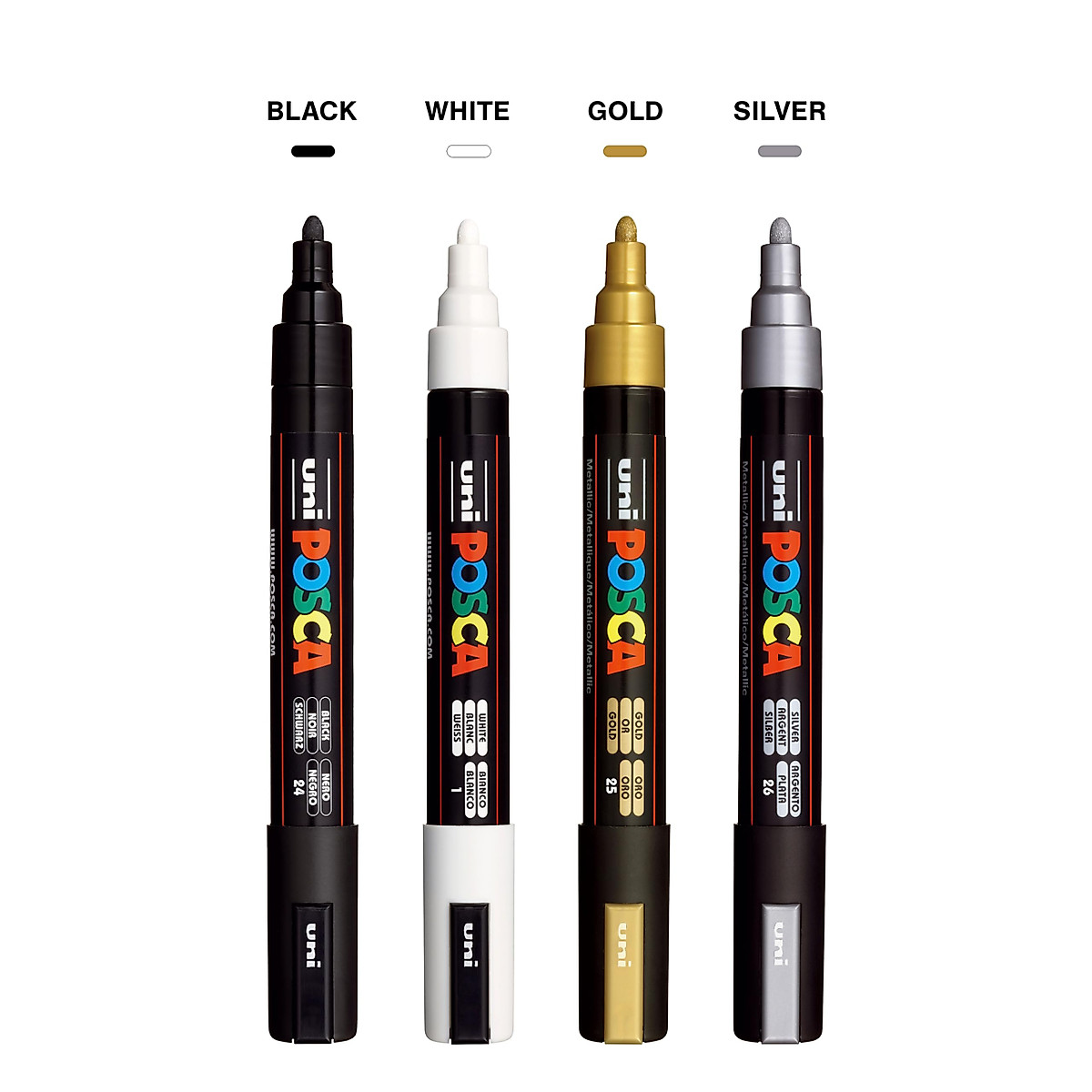 posca Markers Set, 4 Medium Paint Markers 5M – Mono Tones – Black, White, Gold, Silver