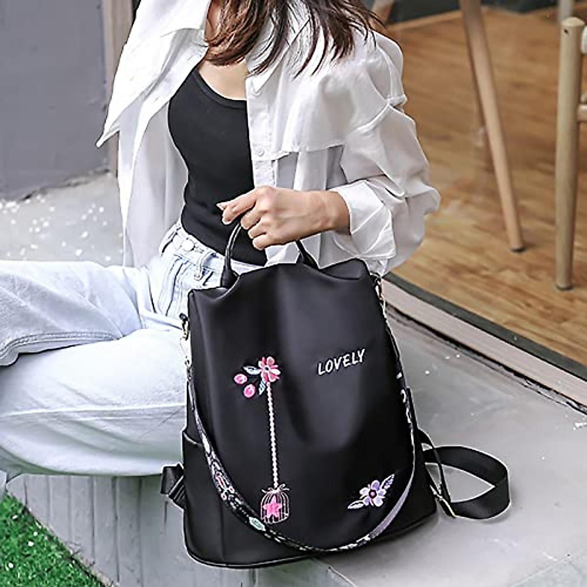 PMUYBHF School Bags For Girls Women's New Simple Fashion One Shoulder Crossbody Dual Use Flower Print Embroidery Backpack Tote Bag Women